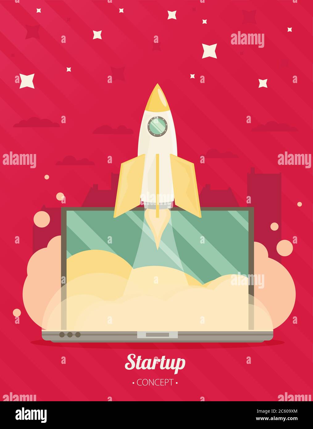 Flat concept background with rocket. Project start up - launch. Vector ...
