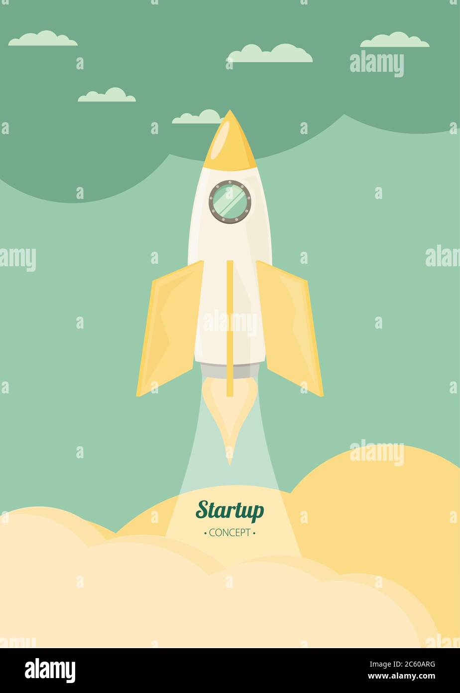 Space rocket flying in sky, flat design colored vector illustration ...
