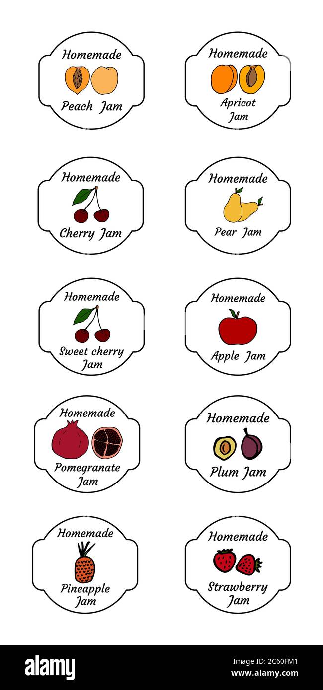 Fruit and berry homemade jam labels set. Outline doodle style design ...