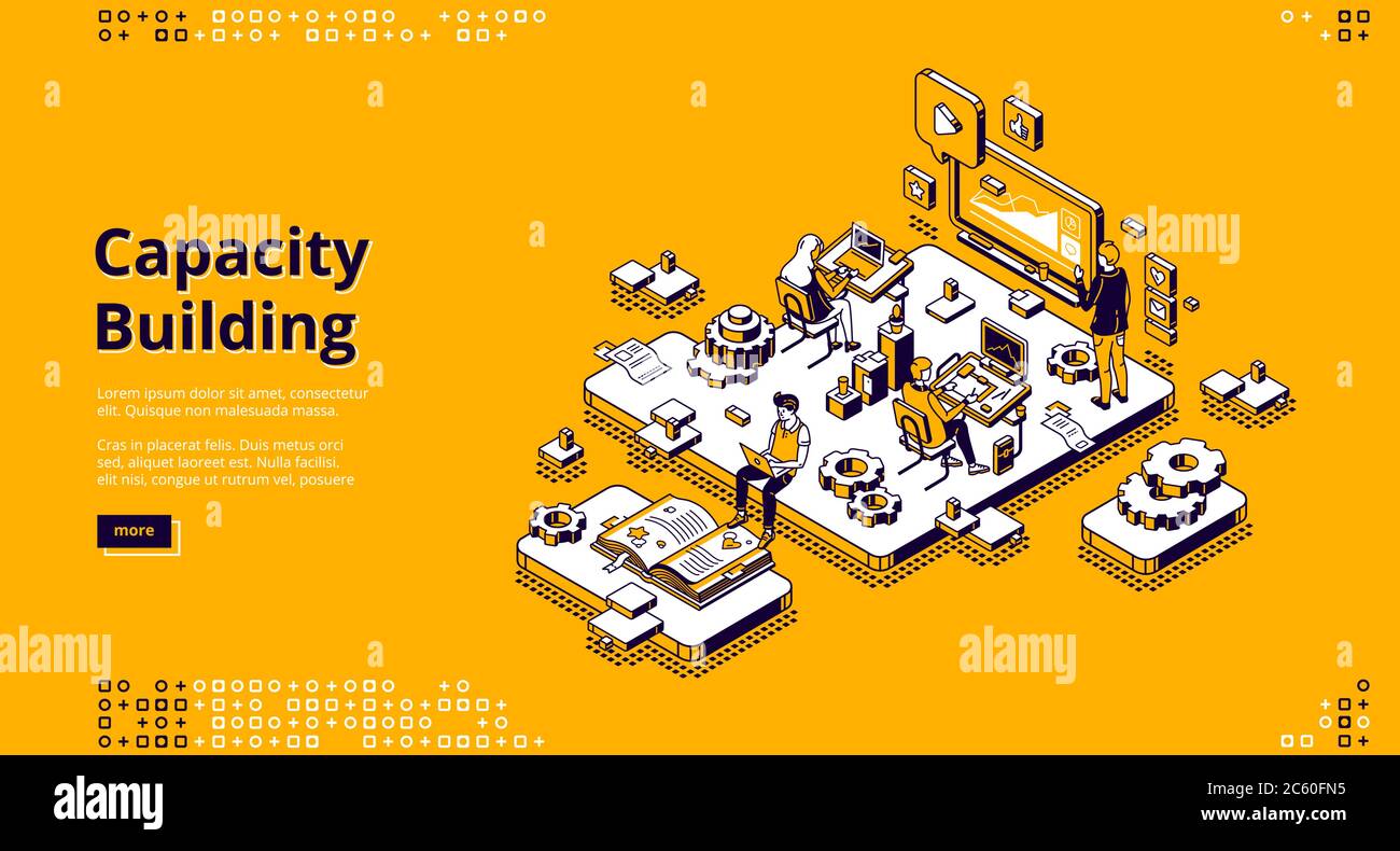 Capacity building isometric landing page. Team of business people ...