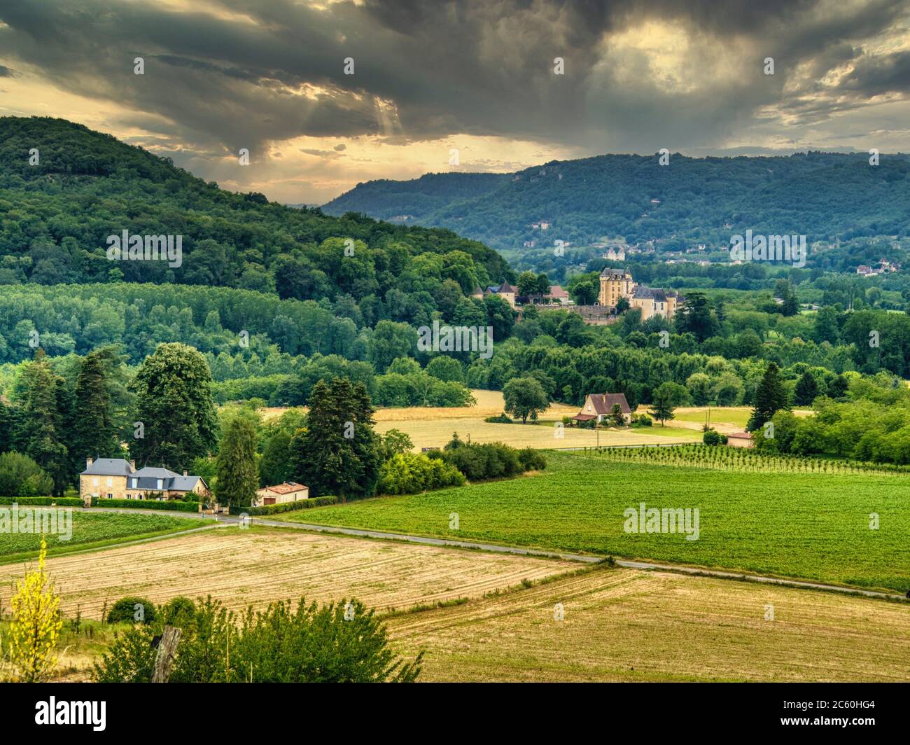 view of Chateau Fayrac from Marqueyssac gardens, Dordogne Department ...