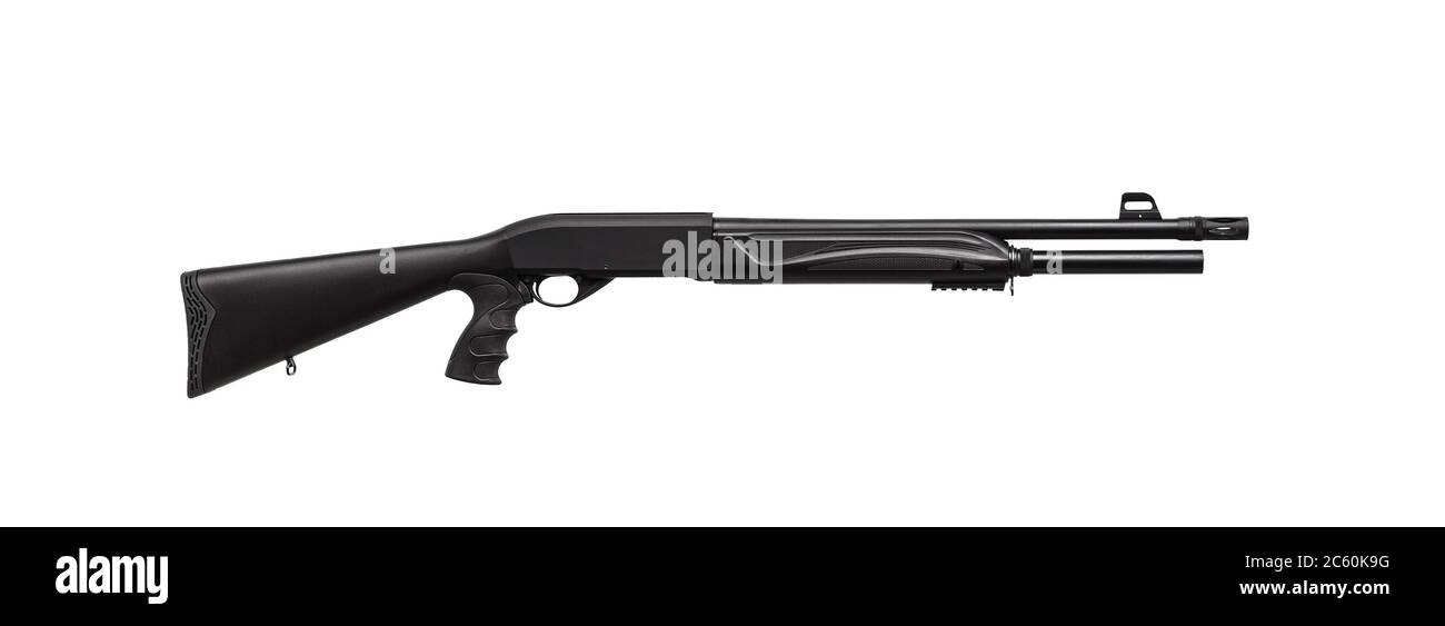 Modern left-handed semi-automatic tactical shotgun isolate on white ...