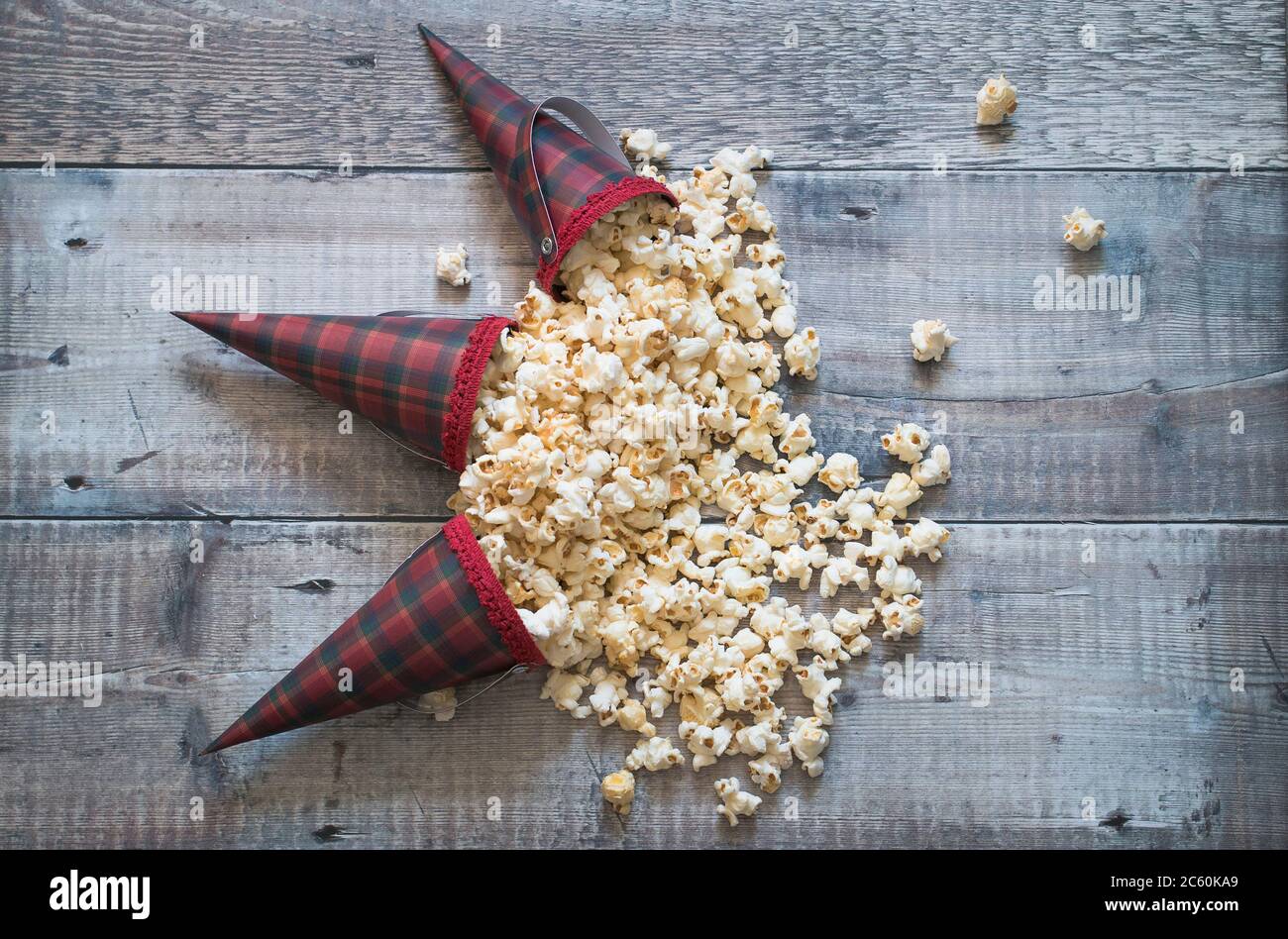 Top view of cones of popcorn, retro style processing Stock Photo - Alamy