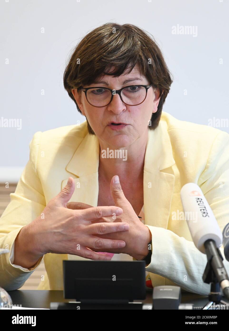 Calw, Germany. 06th July, 2020. Saskia Esken, SPD party leader, answers ...