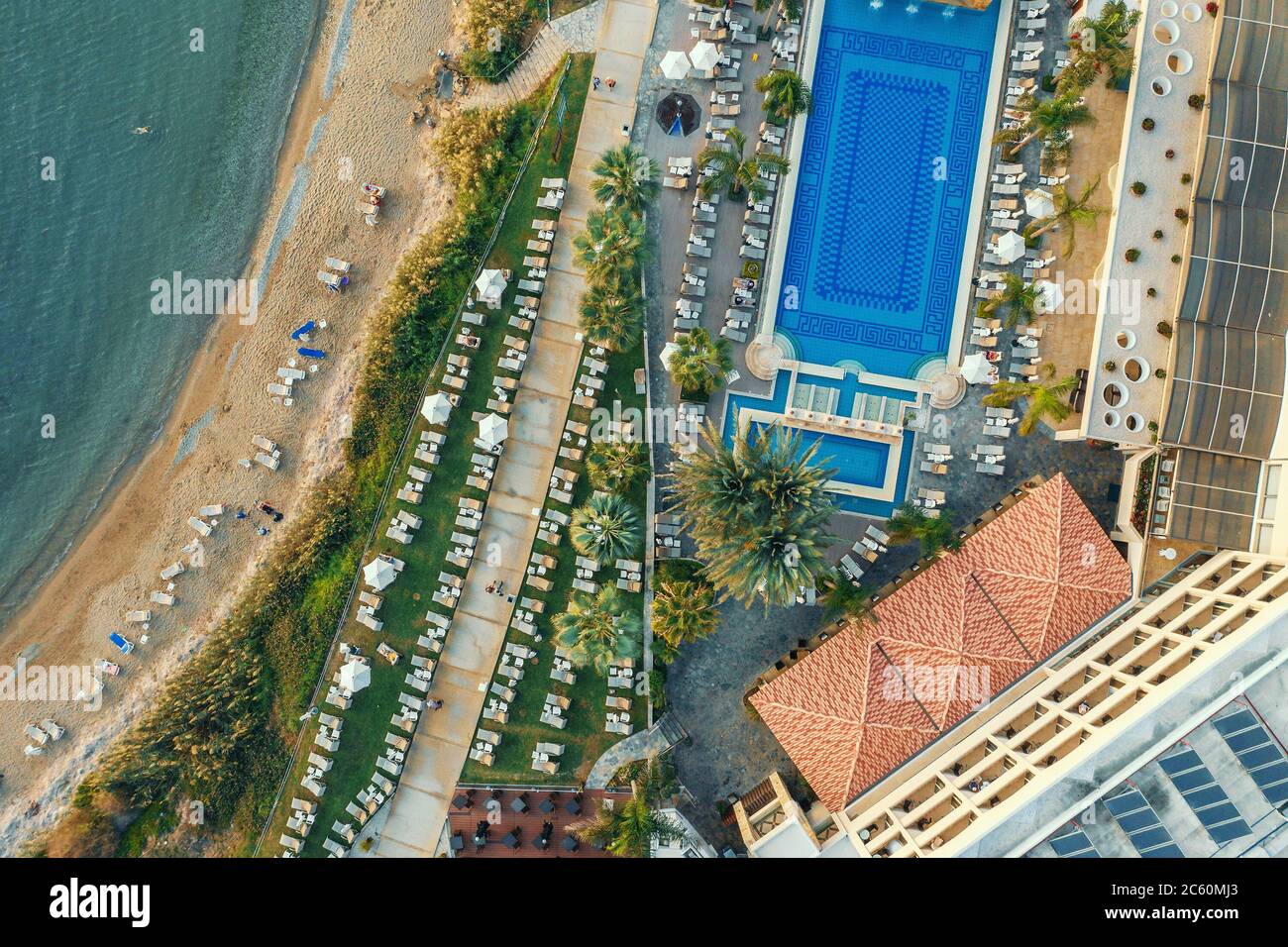 Cyprus aerial view. Coastline with hotel and walking area, top view ...