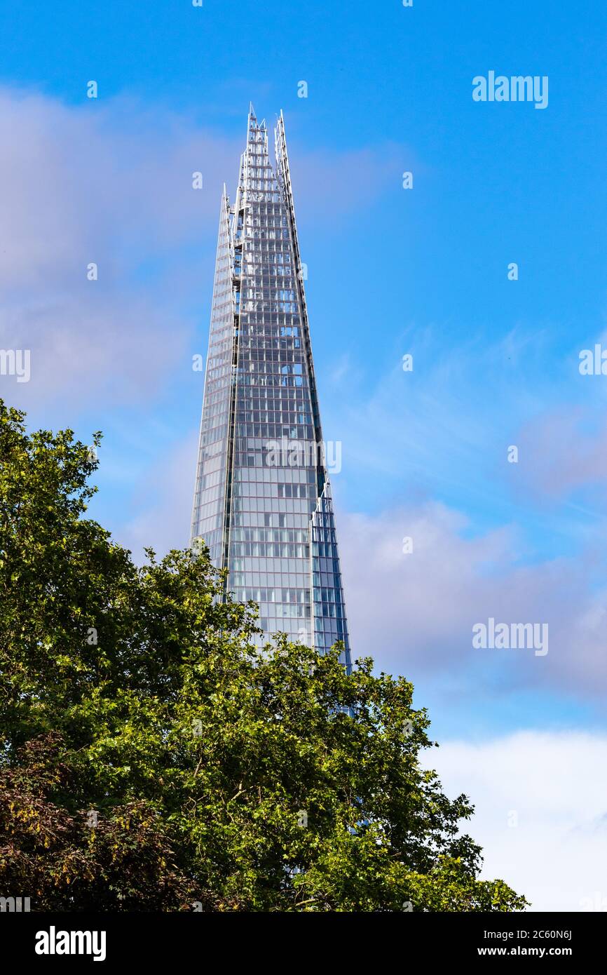 View of the Shard rising from beyond tree foliage and against a blue ...