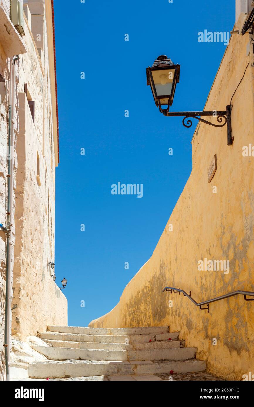 Traditional alley in Ano Syra, the catholic district of Syros island ...