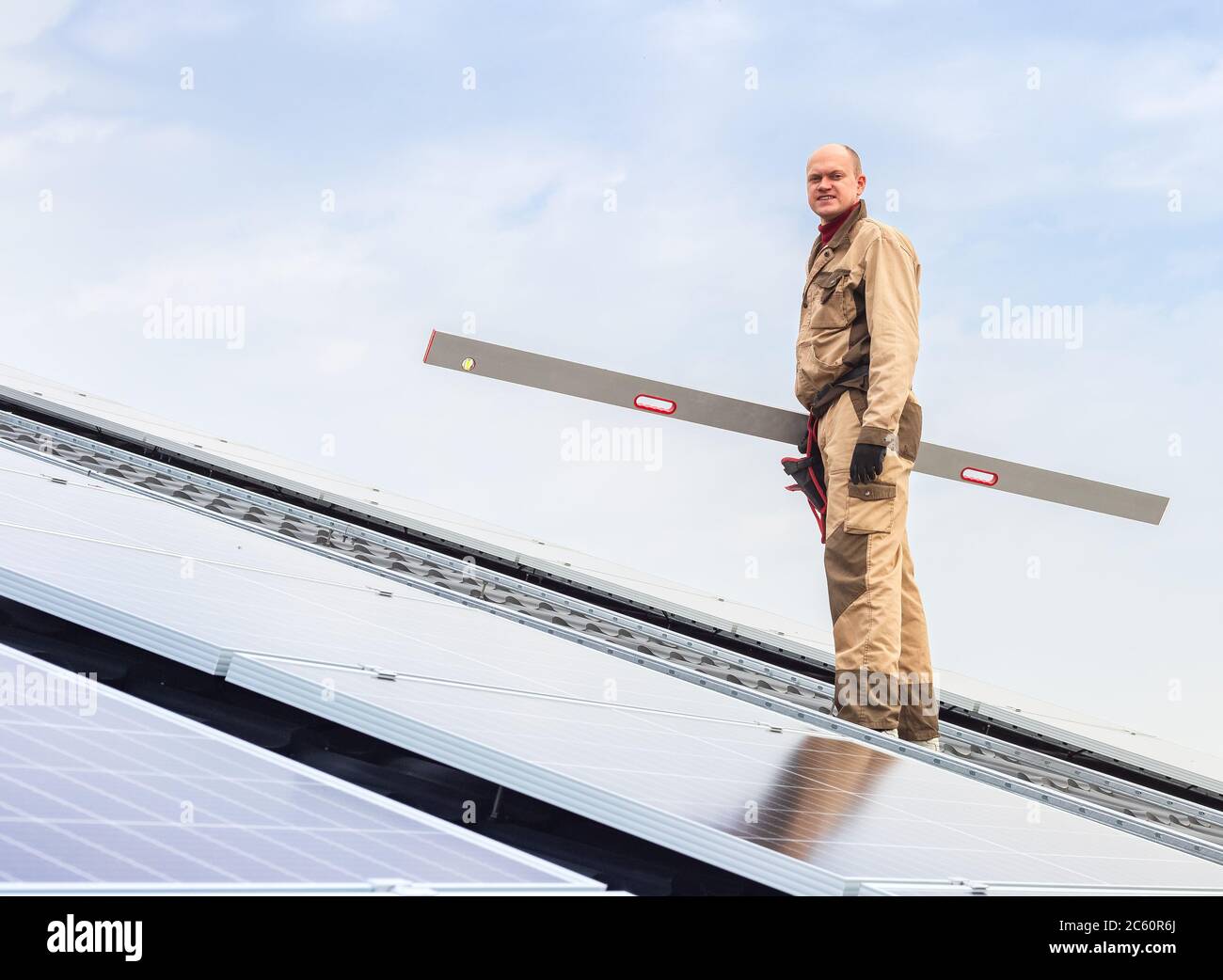 Solar panel energy. Portret of caucasian man electrical engineer ...