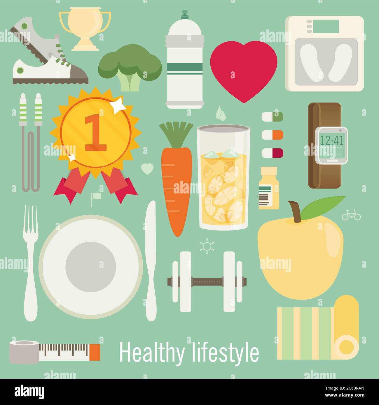Flat vector illustration of icons for fitness and diet Stock Vector ...
