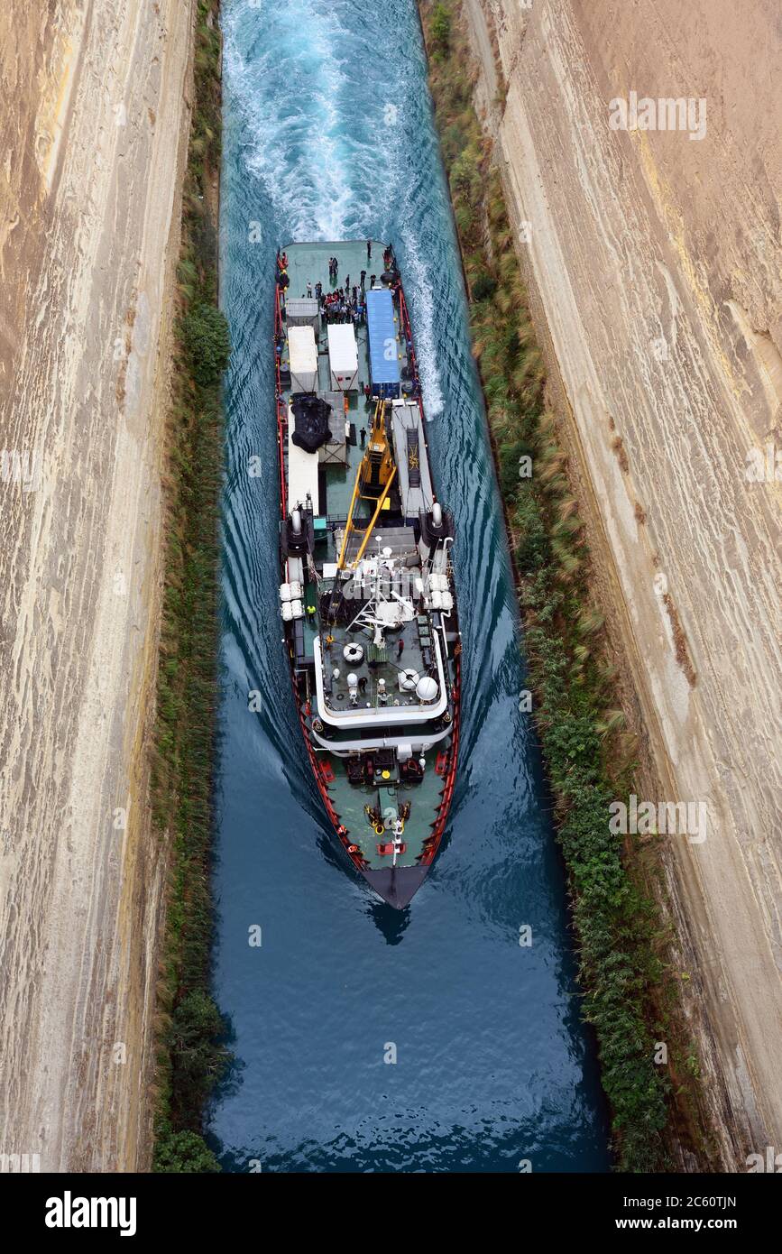 Ship crossing the Corinth Canal in Greece at sunset time Stock Photo ...
