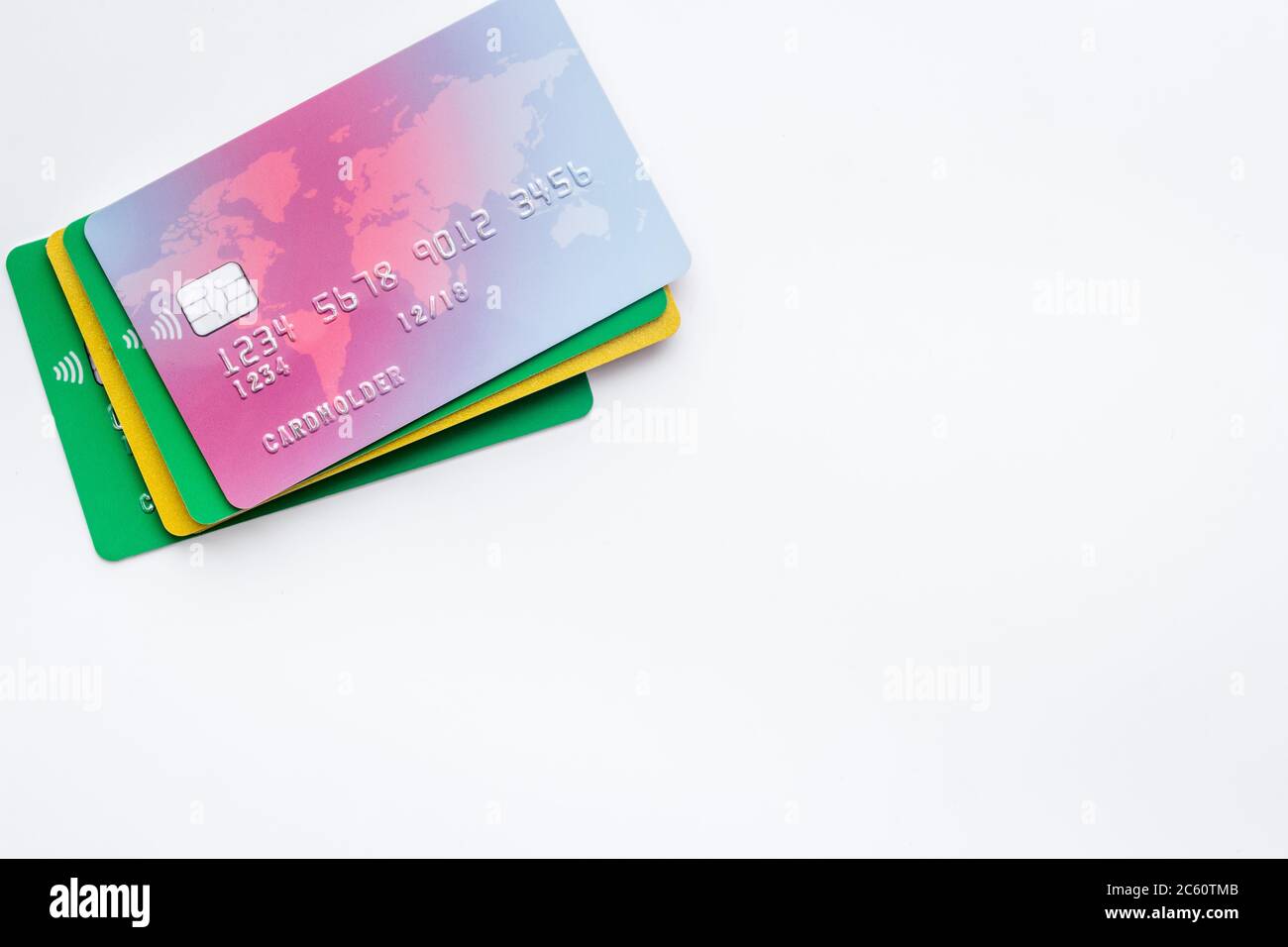 security concept. stack of credit card on white desk top-down copy ...