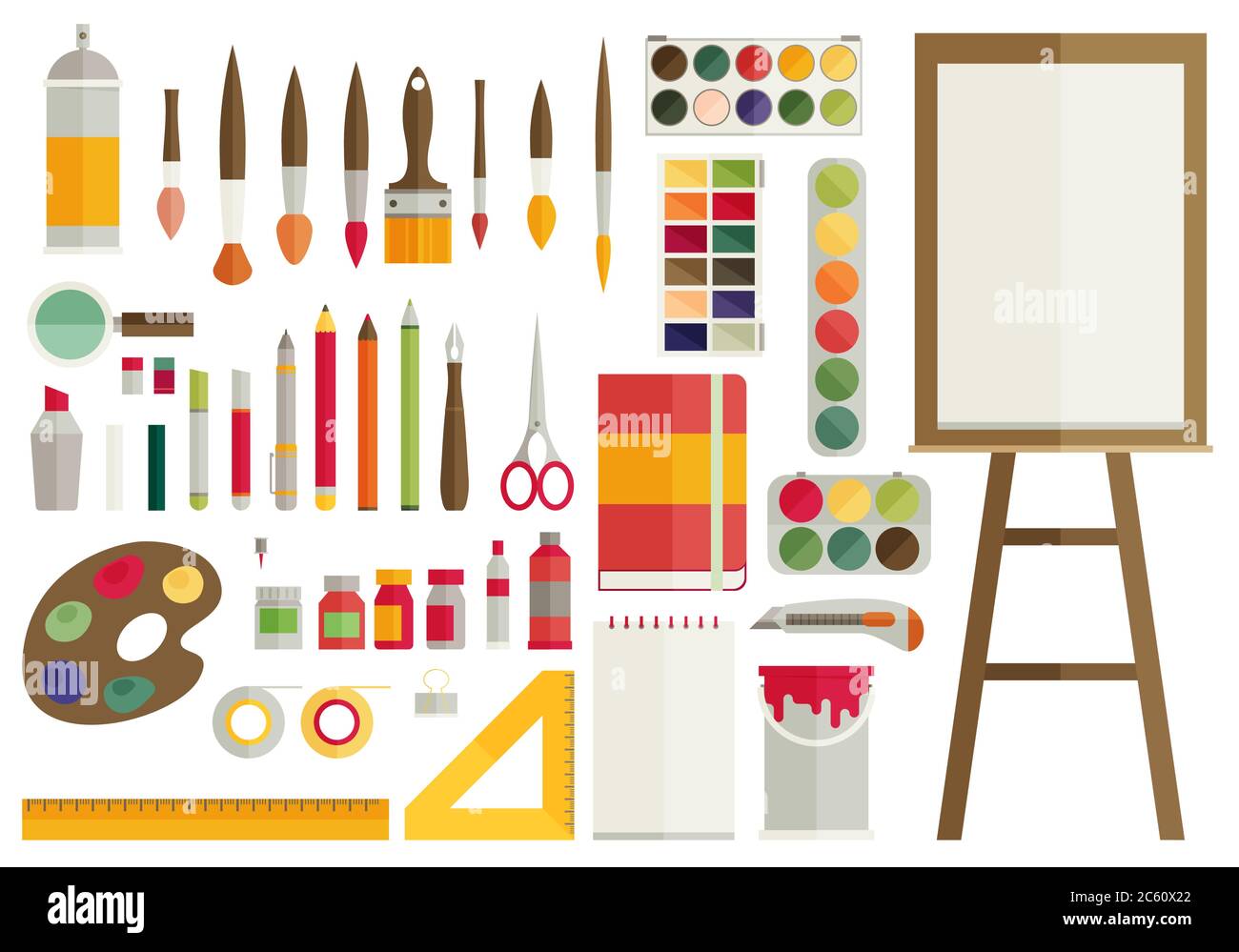 flat design vector illustration icons set of art supplies, art ...