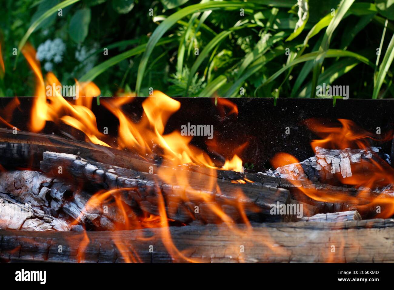 Bonfire. Orange flame of a fire. Bonfire on the grill with smoke. Arson ...