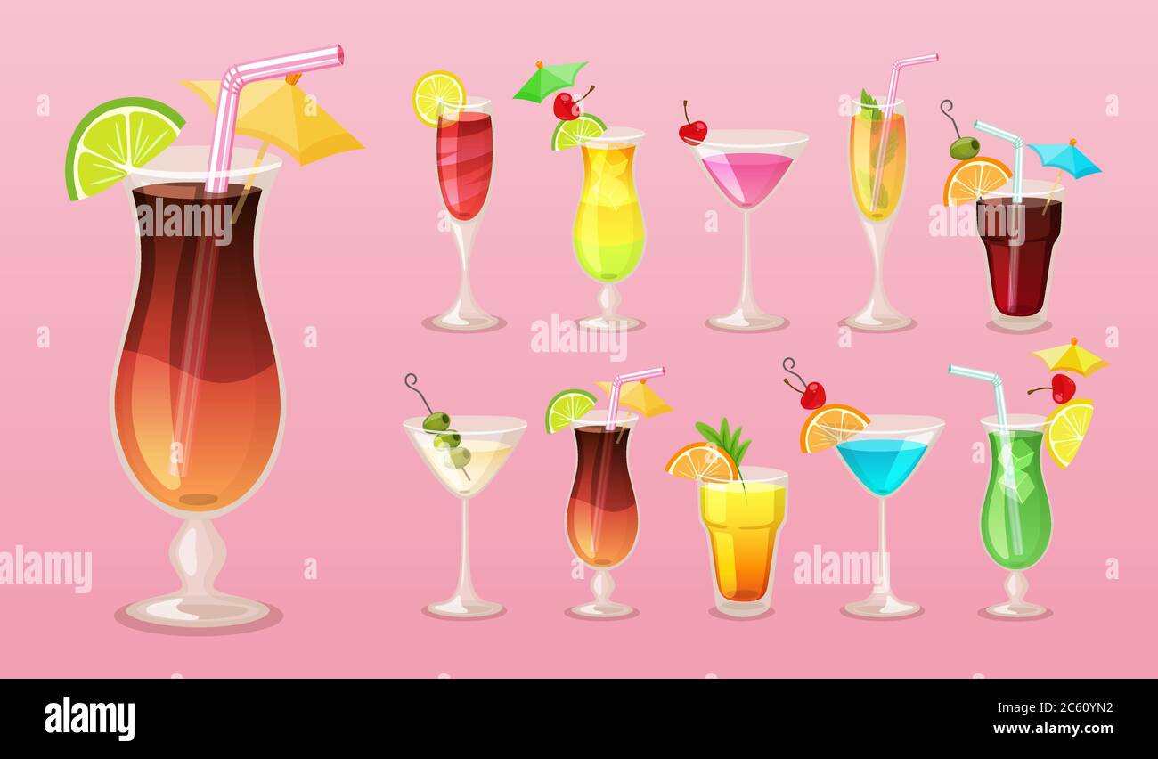 Tropical cocktails and juices collection. Isolated and colorful drinks ...