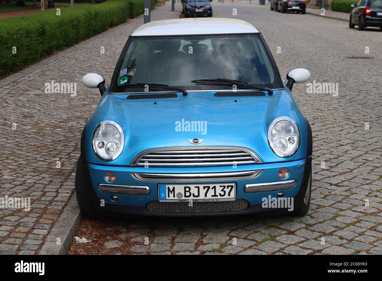 DRESDEN, GERMANY - MAY 10, 2018: Blue Mini Cooper city car parked in ...