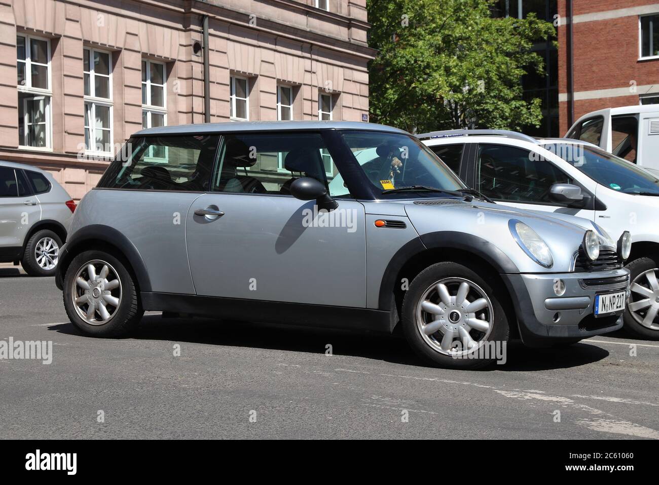 NUREMBERG, GERMANY - MAY 7, 2018: Silver Mini Cooper car parked in ...