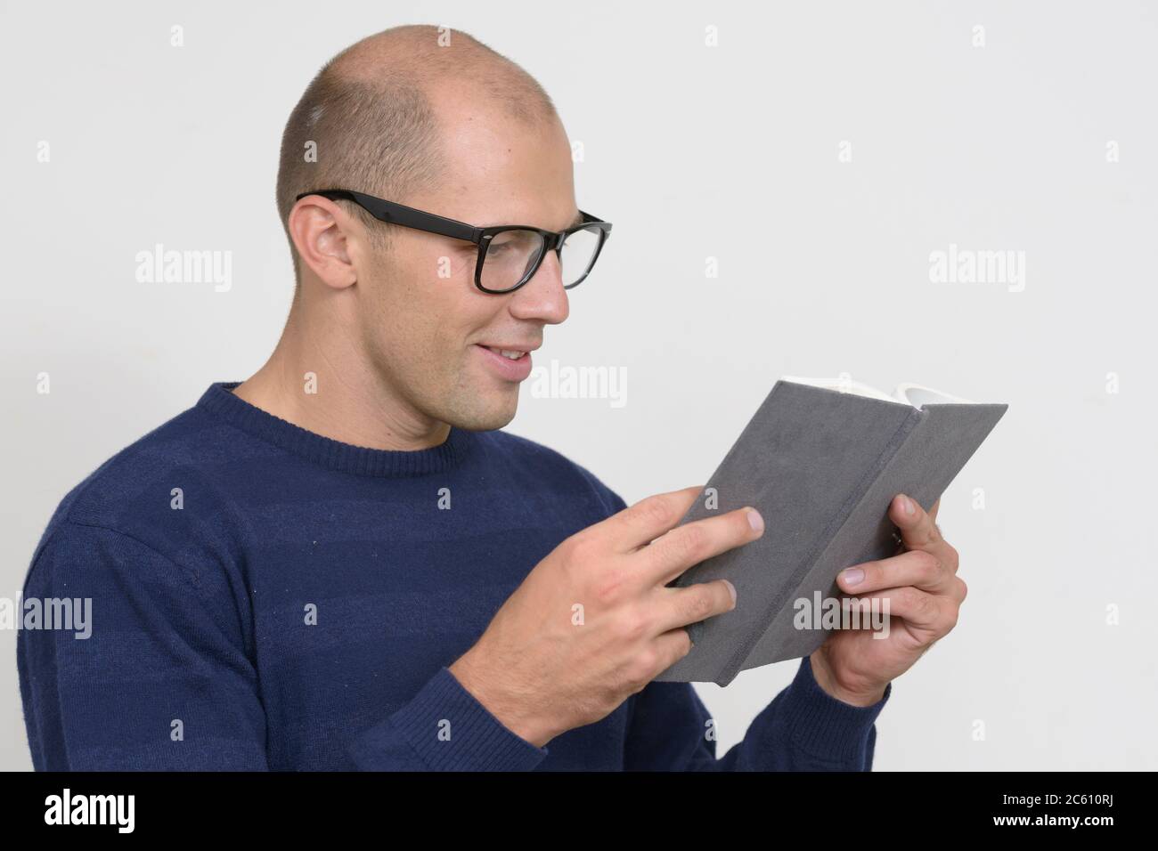 Man young glasses bald head hi-res stock photography and images - Alamy