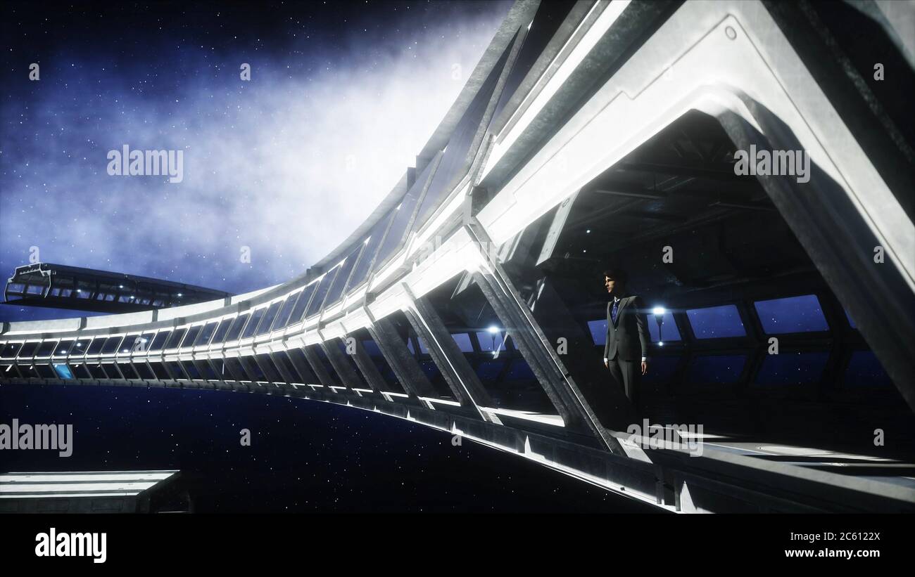 People in futuristic space corridor, room. view of the earth. 3d ...