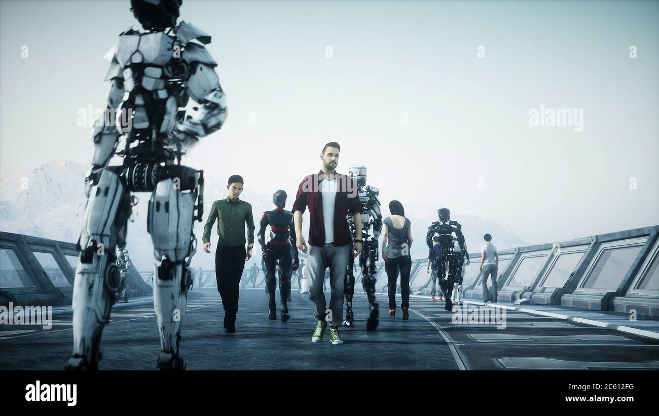 People and robots. Sci fi tonnel. Futuristic traffic. Concept of future ...