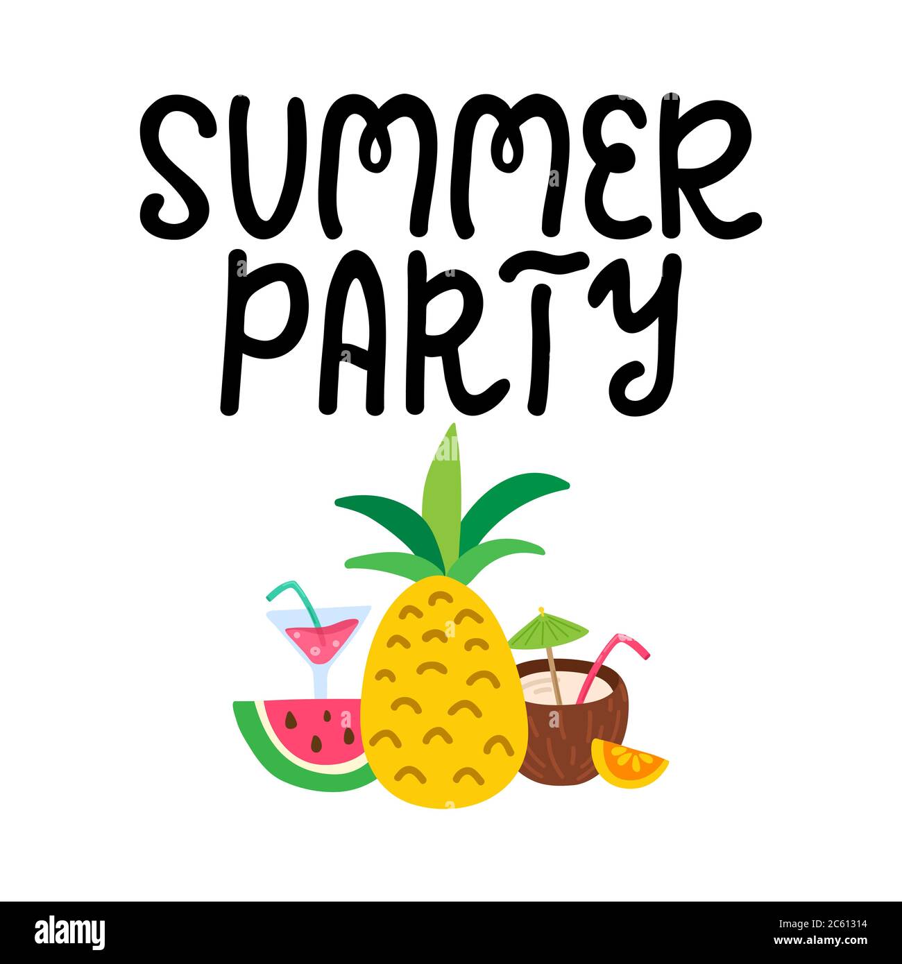 Summer party hand written lettering. Hand drawn phrase with tropical ...
