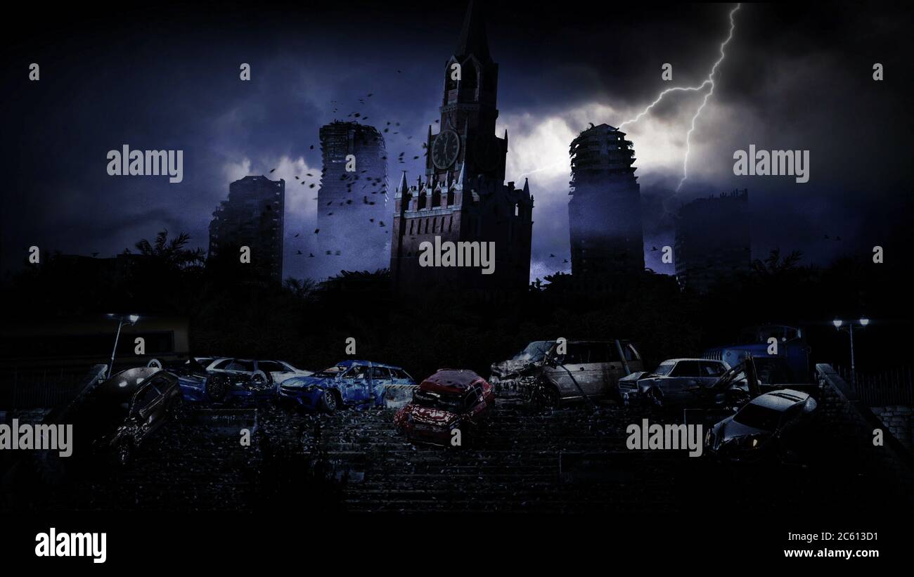 Apocalypse Moscow city in fog. destroyed city. Apocalypse concept. 3d ...