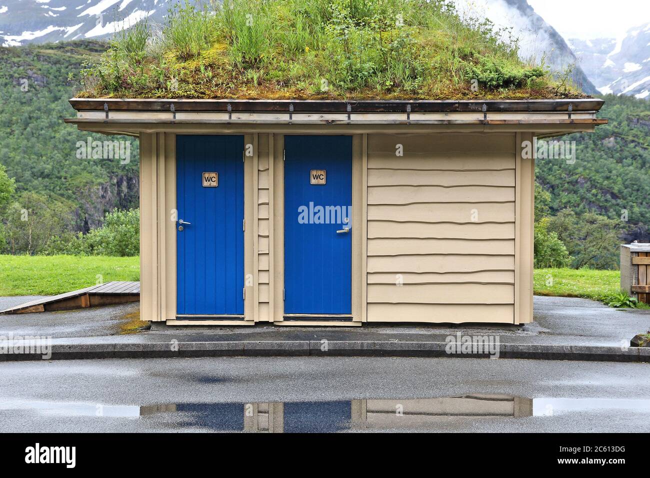 Tourist restroom at a rest area next to a fiord in Nordland, Norway ...