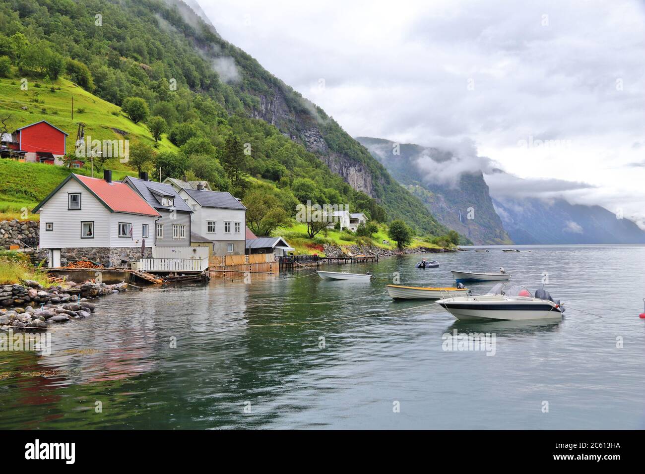Norway fiord landscape - Aurlandsfjord, part of Sognefjord. Town of ...
