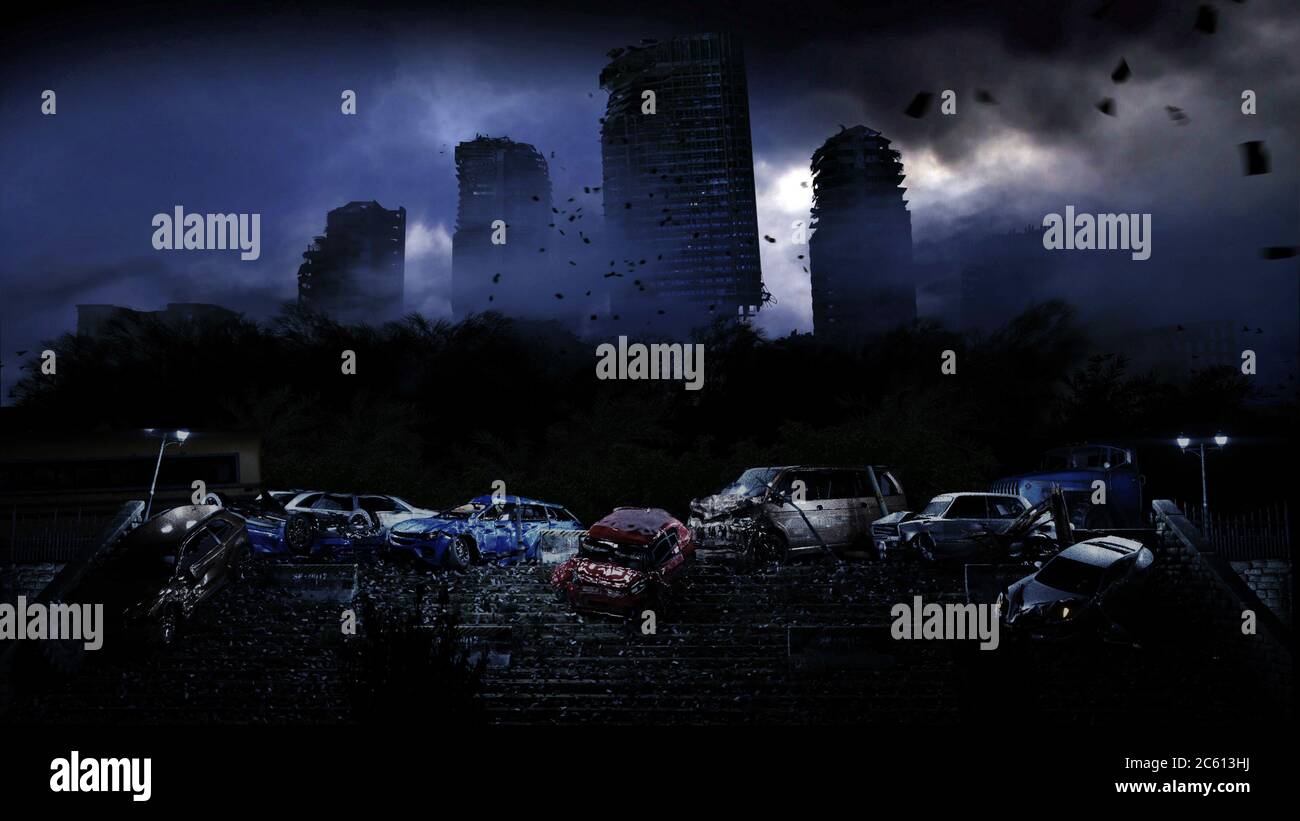 Apocalypse city in fog. Aerial View of the destroyed city. Apocalypse ...