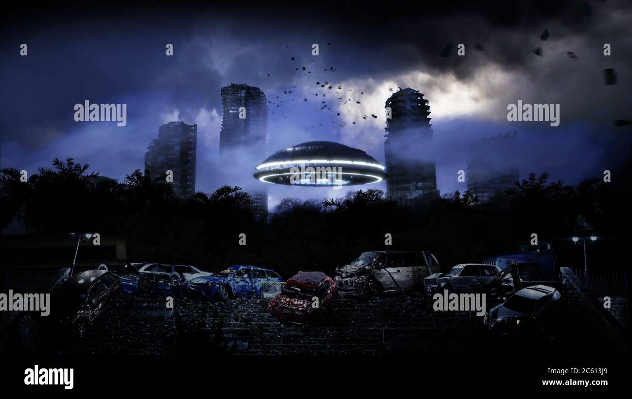 Apocalypse city in fog. Aerial View of the destroyed city. Apocalypse ...