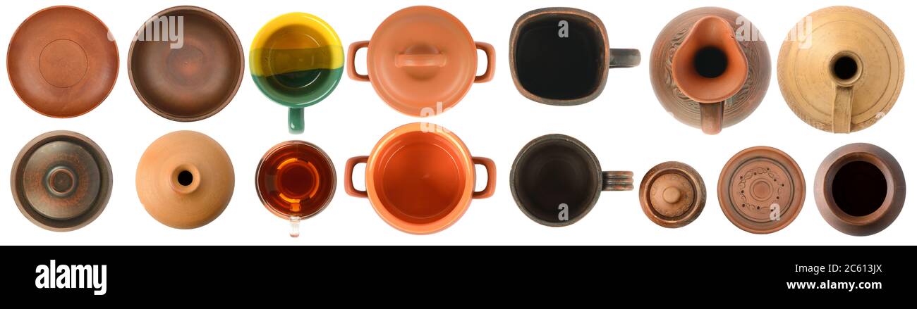 Collection of ceramic products top view isolated on white background ...