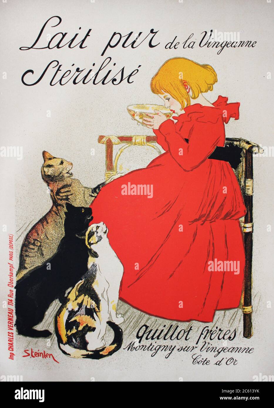 The advertising poster of milk with girl and cats in the vintage book ...