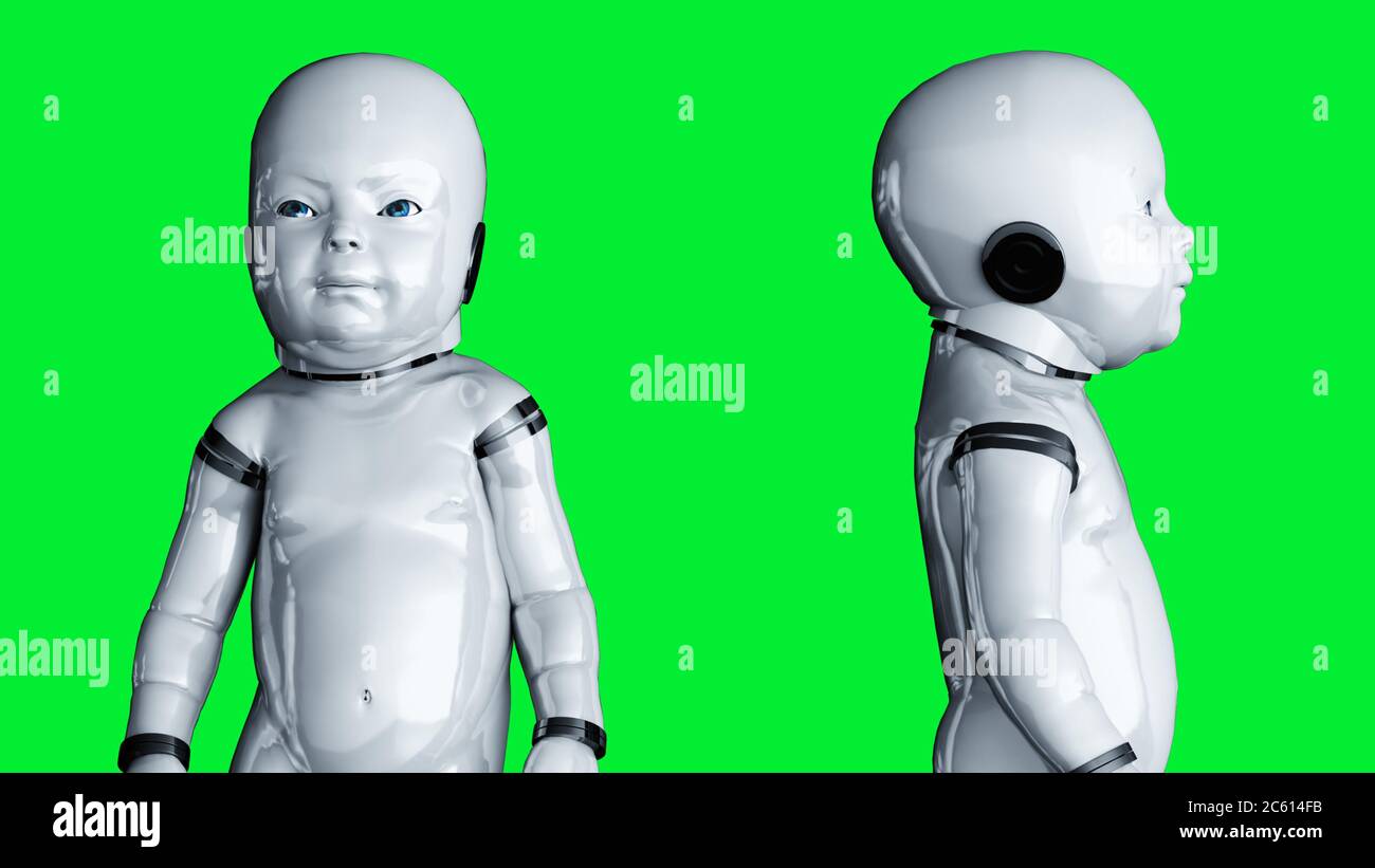 Baby robot isolate on green screen. 3d rendering Stock Photo - Alamy
