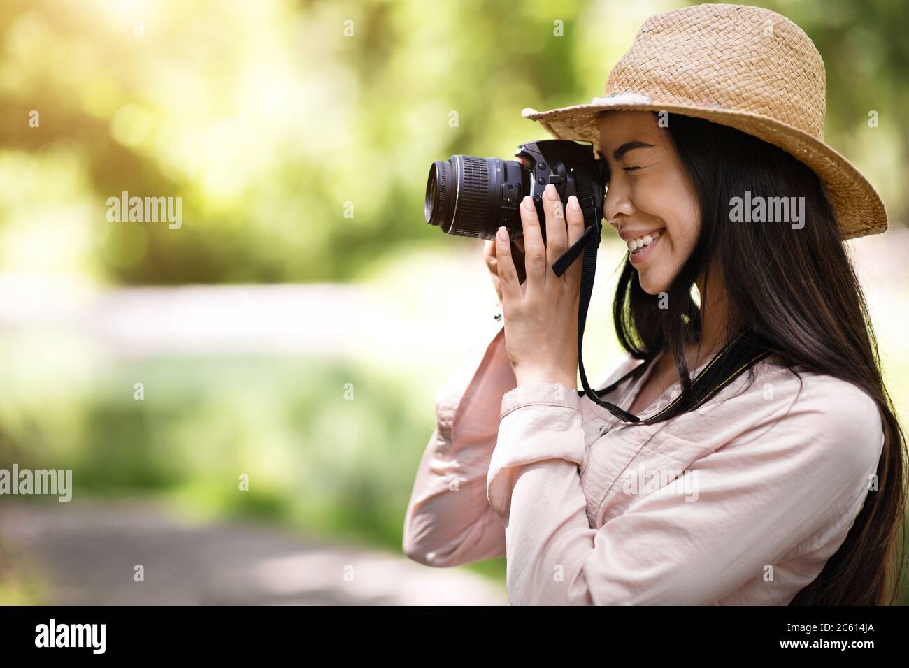 Photography Classes. Young Asian Girl Student Taking Photo Outdoors ...