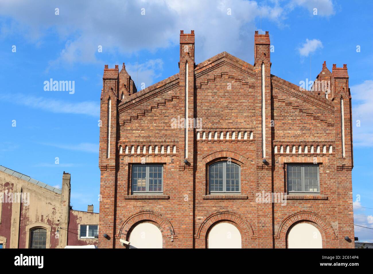 Katowice, Poland - old industrial factory brick architecture. Upper ...