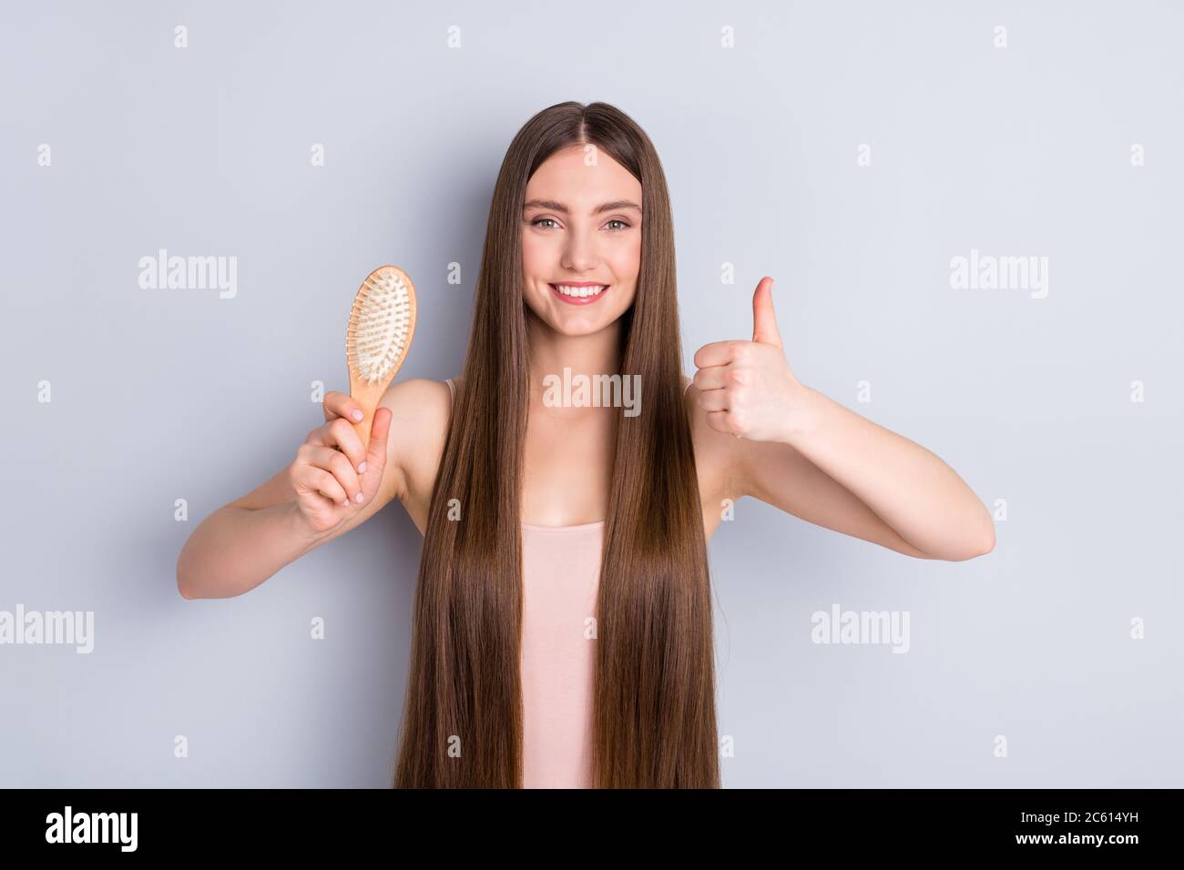Photo of charming appearance model lady demonstrating ideal neat long ...
