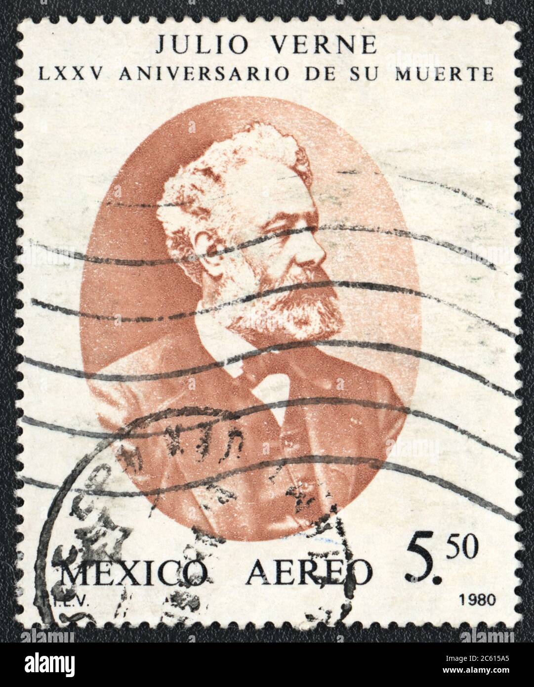 Postage stamp. Portrait of Jules Verne, french novelist, poet, and ...