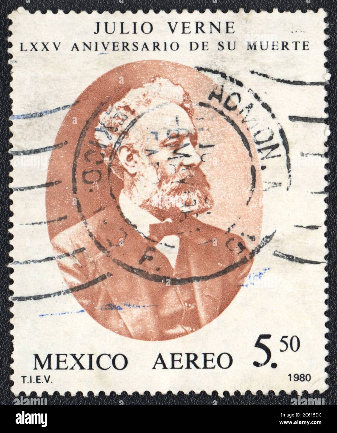 Postage stamp. Portrait of Jules Verne, french novelist, poet, and ...