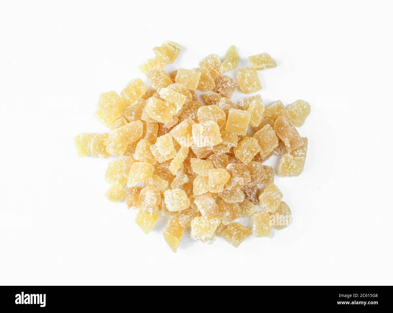 Pile of candied ginger isolated on white background. Top view of sugary ...