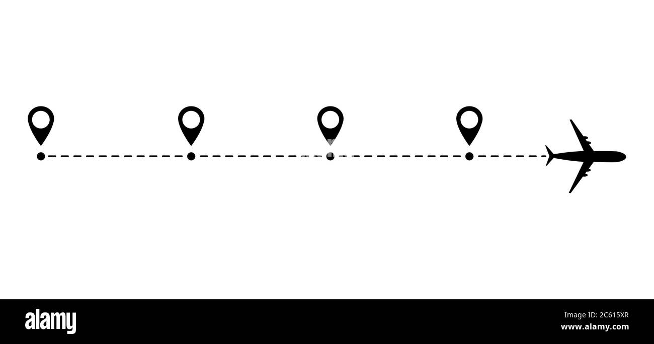 Airplane line vector icon of air plane straight flight route with start ...
