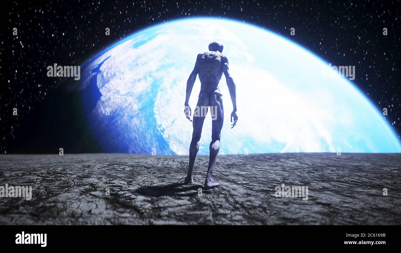 Alien on the moon. Ufo concept. 3d rendering Stock Photo - Alamy