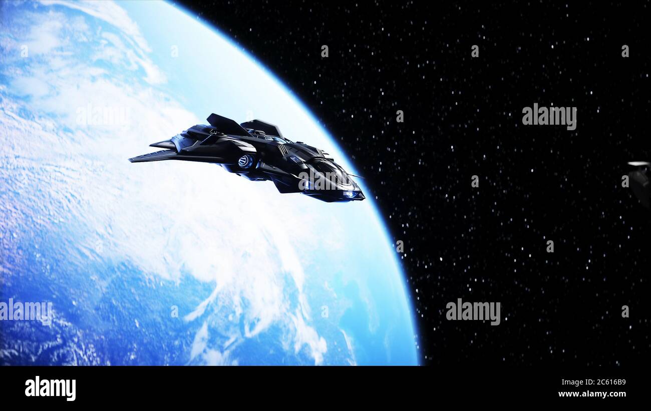 spaceship in outer space. Earth background. 3d rendering Stock Photo - Alamy