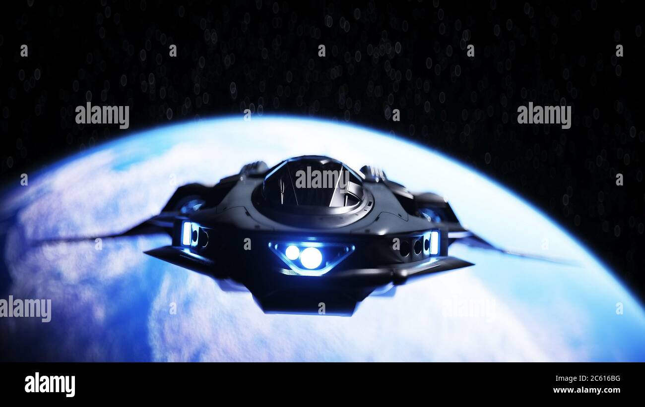 spaceship in outer space. Earth background. 3d rendering Stock Photo ...