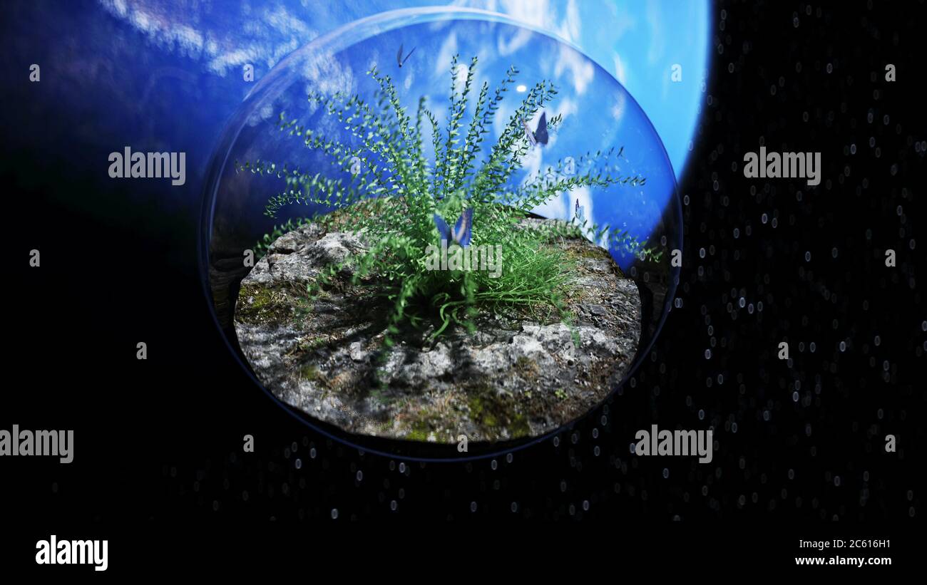 grass in glass sphere in outer space. Ecology concept. 3d rendering ...