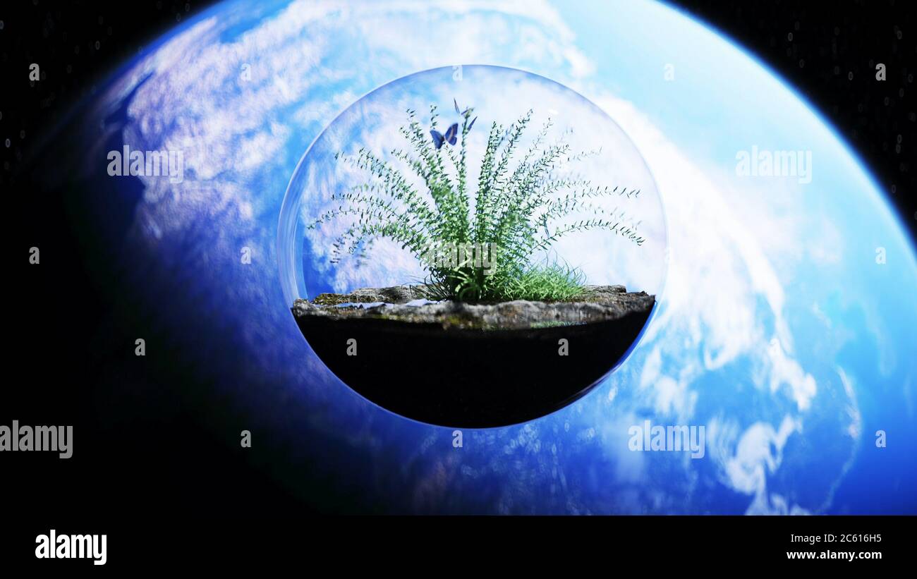 grass in glass sphere in outer space. Ecology concept. 3d rendering ...