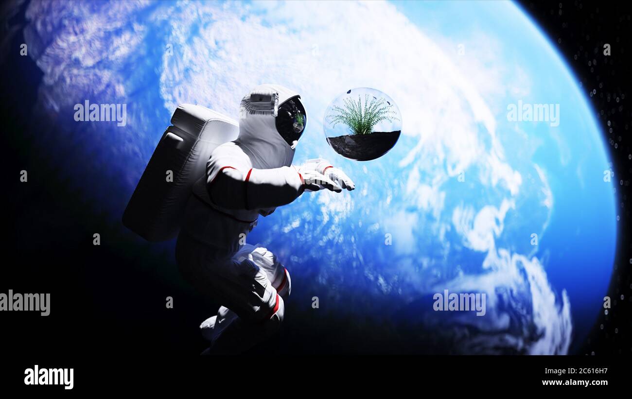 Astronaut and grass in glass sphere in outer space. Ecology concept. 3d ...