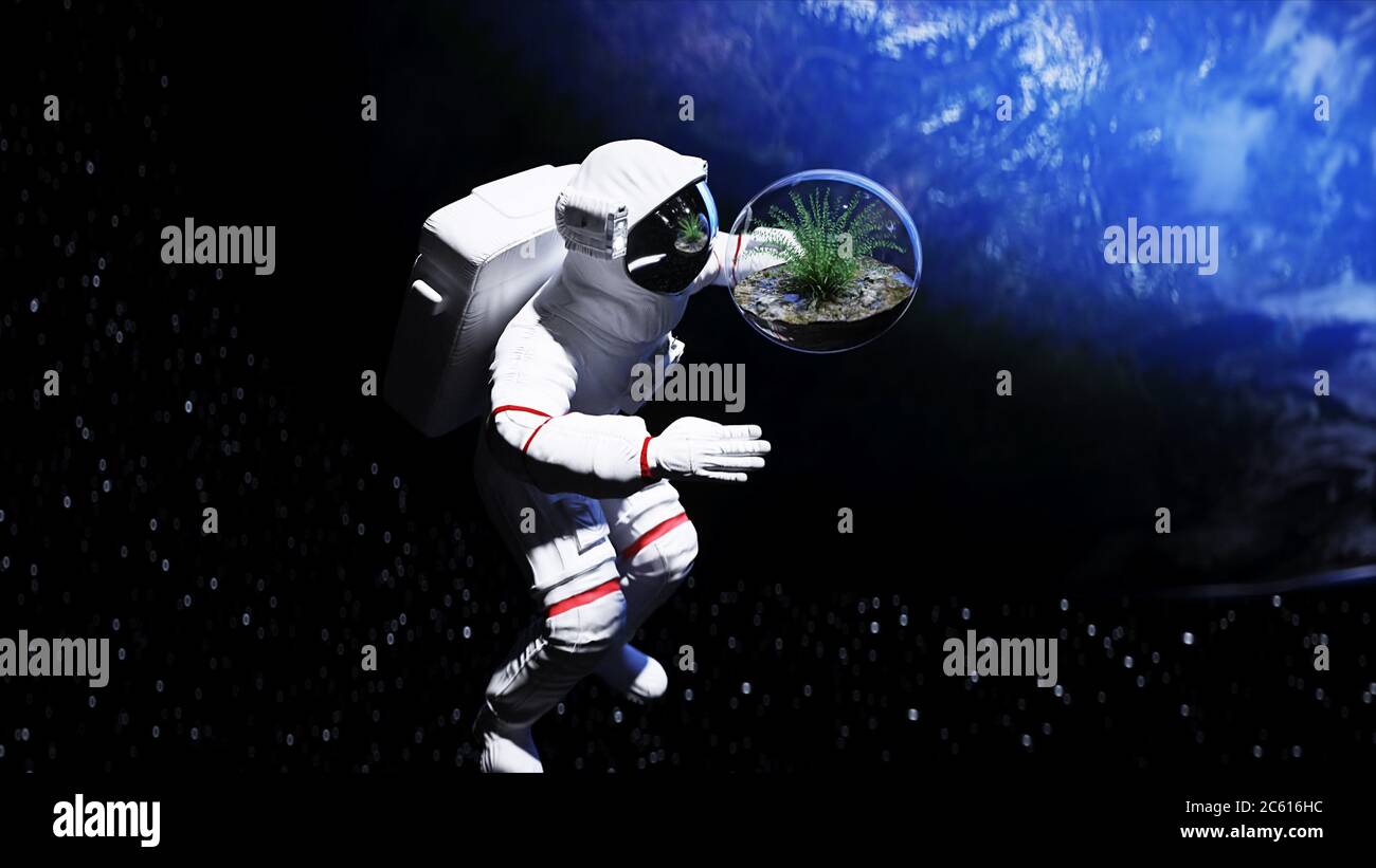 Astronaut and grass in glass sphere in outer space. Ecology concept. 3d ...