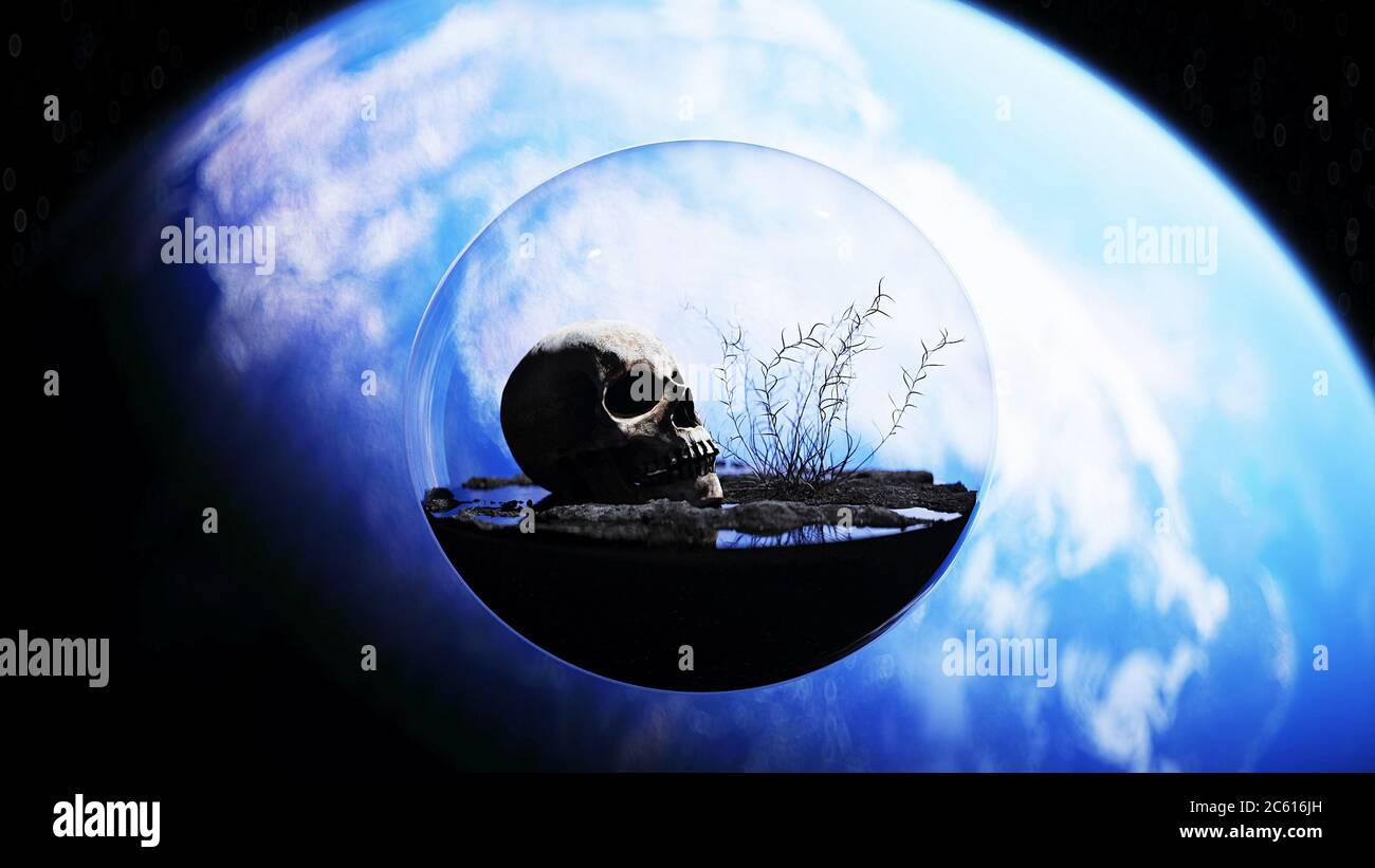 skull in outer space in glass sphere. Apocalypse concept. 3d rendering ...