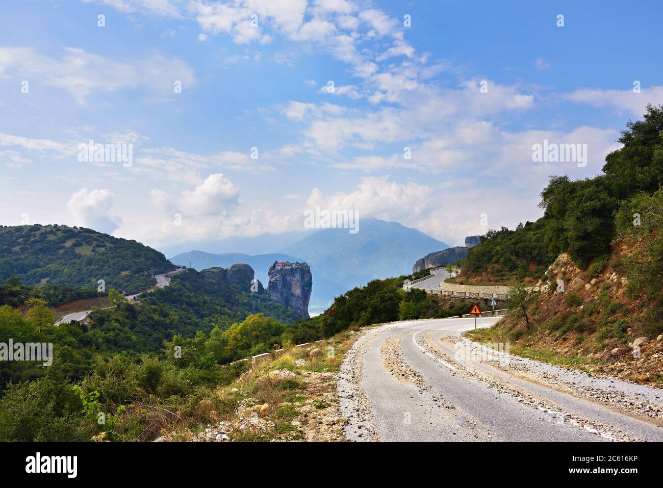 Road to Meteora. Beautiful view on the Holy Monastery of Holy Trinity ...