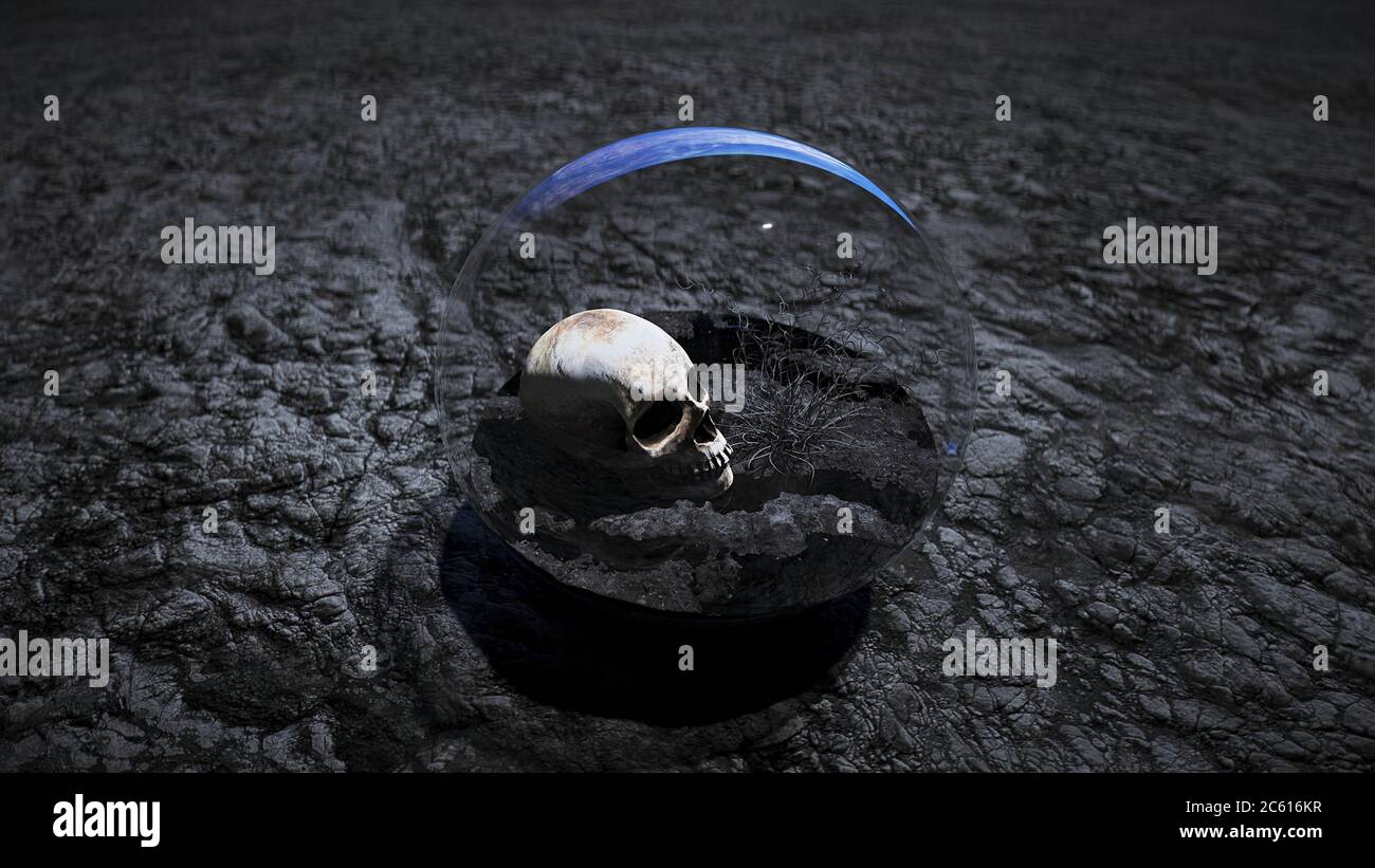 skull in outer space in glass sphere. Apocalypse concept. 3d rendering ...