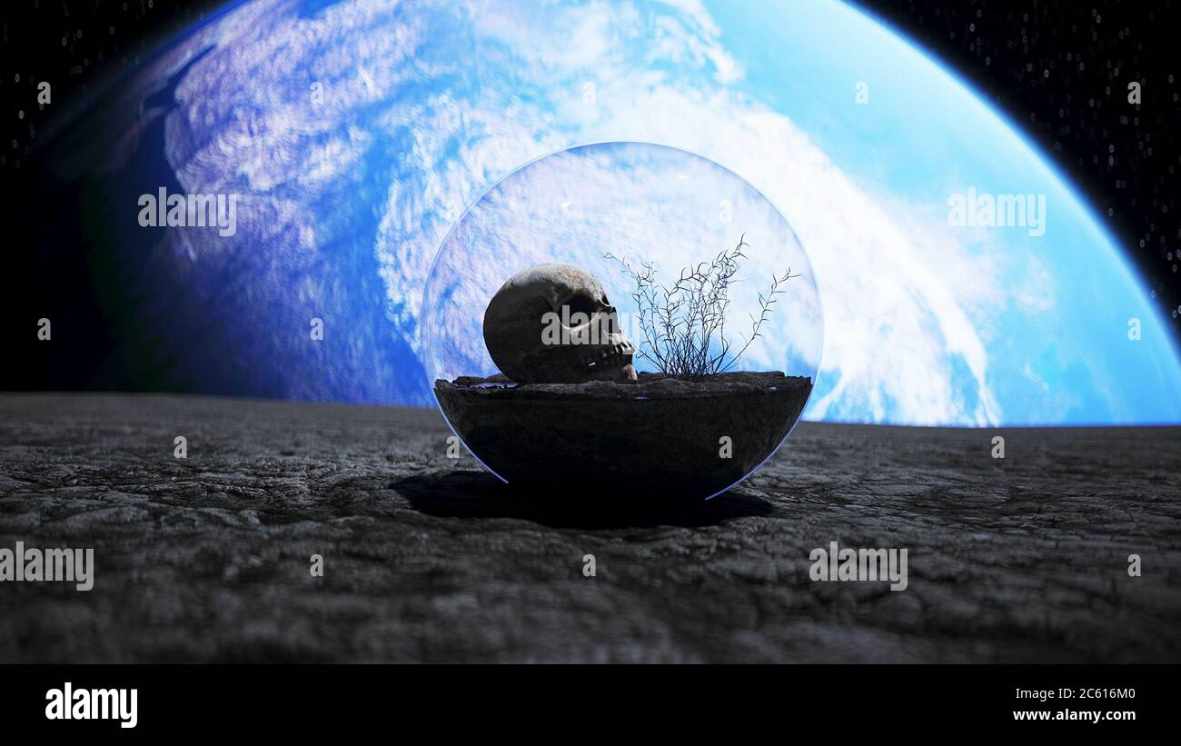 skull in outer space in glass sphere. Apocalypse concept. 3d rendering ...